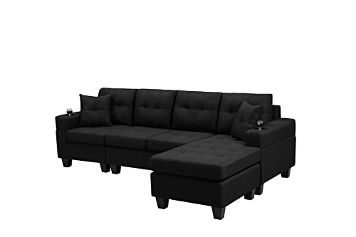 BIADNBZ Sectional Sofa Couch with Reversible Chaise Lounge and Cupholders, Modern L-Shaped Living Room Set w/2 Pillows for Apartment, Black