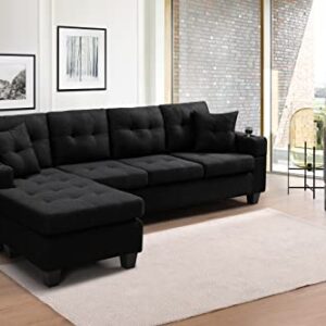 BIADNBZ Sectional Sofa Couch with Reversible Chaise Lounge and Cupholders, Modern L-Shaped Living Room Set w/2 Pillows for Apartment, Black