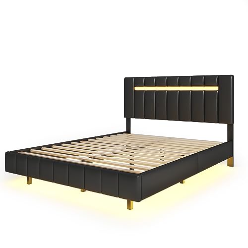 Queen Size Floating Bed Frame,with LED Atmosphere Lights ＆ USB Charging,Modern Upholstered PU Platform LED Bed Frame,Adjustable Headboard Smart Thick Bed, Noiseless No Box Spring Needed (Black)