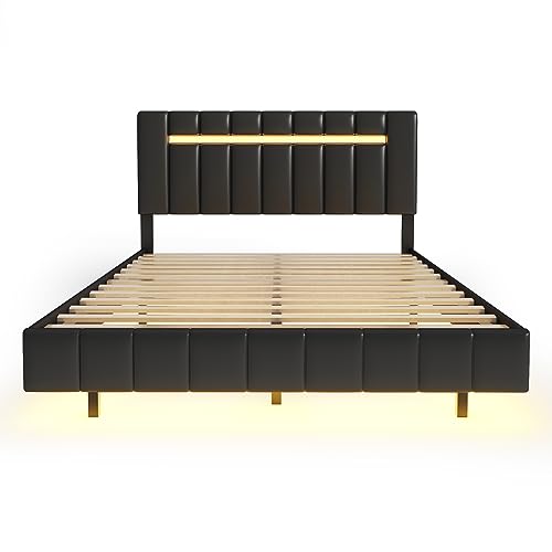 Queen Size Floating Bed Frame,with LED Atmosphere Lights ＆ USB Charging,Modern Upholstered PU Platform LED Bed Frame,Adjustable Headboard Smart Thick Bed, Noiseless No Box Spring Needed (Black)