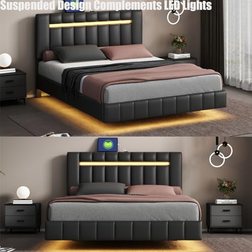 Queen Size Floating Bed Frame,with LED Atmosphere Lights ＆ USB Charging,Modern Upholstered PU Platform LED Bed Frame,Adjustable Headboard Smart Thick Bed, Noiseless No Box Spring Needed (Black)