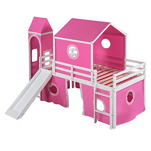 Merax Twin Over Twin House Bunk Bed, Kids Playhouse Bed, Solid Wood bunk Bed Frame with Slide Pink Tent and Tower, for Girls and Boys, Pink