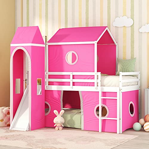 Merax Twin Over Twin House Bunk Bed, Kids Playhouse Bed, Solid Wood bunk Bed Frame with Slide Pink Tent and Tower, for Girls and Boys, Pink