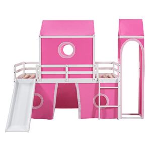 Merax Twin Over Twin House Bunk Bed, Kids Playhouse Bed, Solid Wood bunk Bed Frame with Slide Pink Tent and Tower, for Girls and Boys, Pink