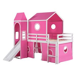 Merax Twin Over Twin House Bunk Bed, Kids Playhouse Bed, Solid Wood bunk Bed Frame with Slide Pink Tent and Tower, for Girls and Boys, Pink