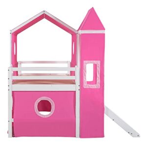 Merax Twin Over Twin House Bunk Bed, Kids Playhouse Bed, Solid Wood bunk Bed Frame with Slide Pink Tent and Tower, for Girls and Boys, Pink