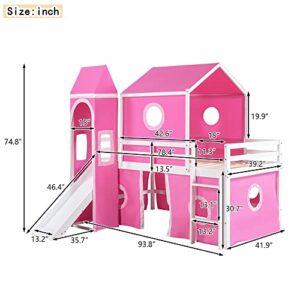 Merax Twin Over Twin House Bunk Bed, Kids Playhouse Bed, Solid Wood bunk Bed Frame with Slide Pink Tent and Tower, for Girls and Boys, Pink