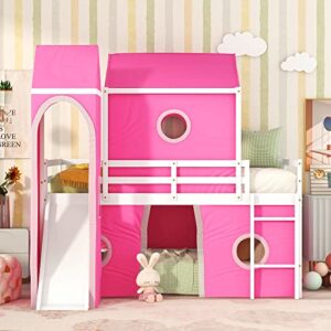 Merax Twin Over Twin House Bunk Bed, Kids Playhouse Bed, Solid Wood bunk Bed Frame with Slide Pink Tent and Tower, for Girls and Boys, Pink