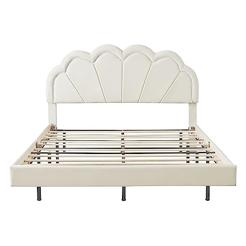 Tensun Queen Size Upholstered Smart LED Bed Frame with Elegant Flowers Headboard for Kids Teens Adults,Floating Velvet Platform LED Bed with Wooden Slats Support,Beige