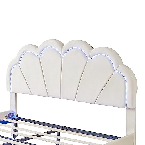 Tensun Queen Size Upholstered Smart LED Bed Frame with Elegant Flowers Headboard for Kids Teens Adults,Floating Velvet Platform LED Bed with Wooden Slats Support,Beige