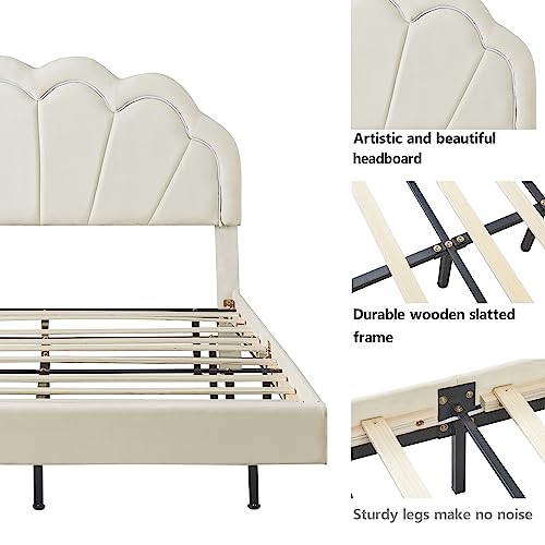 Tensun Queen Size Upholstered Smart LED Bed Frame with Elegant Flowers Headboard for Kids Teens Adults,Floating Velvet Platform LED Bed with Wooden Slats Support,Beige