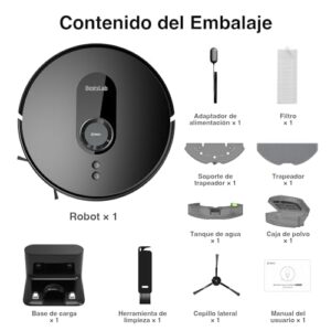 +360 S8 Pro aspirador y trapeador robot, Batería de 5,000 mAh, Mapeo LiDAR, Gestión de mapas de múltiples pisos, 150 minutos de autonomía, Ideal para cabello de mascotas, Compatible con Alexa y Google