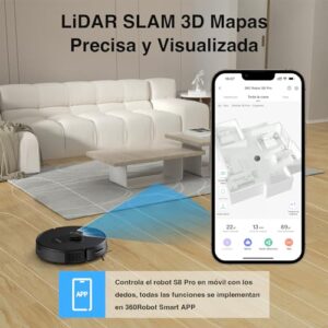 +360 S8 Pro aspirador y trapeador robot, Batería de 5,000 mAh, Mapeo LiDAR, Gestión de mapas de múltiples pisos, 150 minutos de autonomía, Ideal para cabello de mascotas, Compatible con Alexa y Google