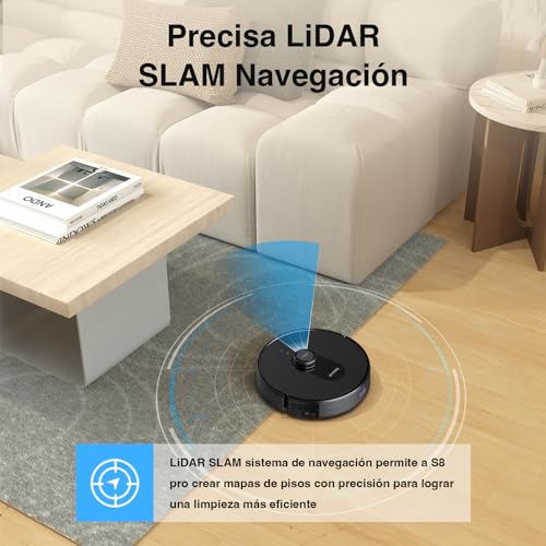 +360 S8 Pro aspirador y trapeador robot, Batería de 5,000 mAh, Mapeo LiDAR, Gestión de mapas de múltiples pisos, 150 minutos de autonomía, Ideal para cabello de mascotas, Compatible con Alexa y Google