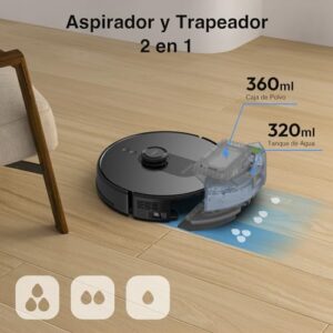 +360 S8 Pro aspirador y trapeador robot, Batería de 5,000 mAh, Mapeo LiDAR, Gestión de mapas de múltiples pisos, 150 minutos de autonomía, Ideal para cabello de mascotas, Compatible con Alexa y Google