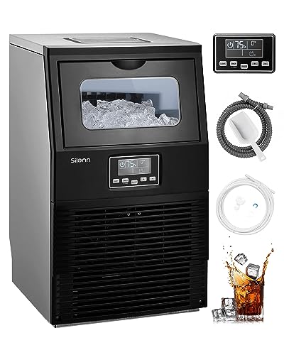 Silonn Commercial Ice Maker Machine, 90LBS/24H with 30lbs Bin, Full Heavy Duty Stainless Steel Construction, Self-Cleaning, Clear Cube for Home Bar, Include Scoop, Connection Hose