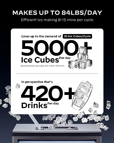 Silonn Commercial Ice Maker Machine, 90LBS/24H with 30lbs Bin, Full Heavy Duty Stainless Steel Construction, Self-Cleaning, Clear Cube for Home Bar, Include Scoop, Connection Hose