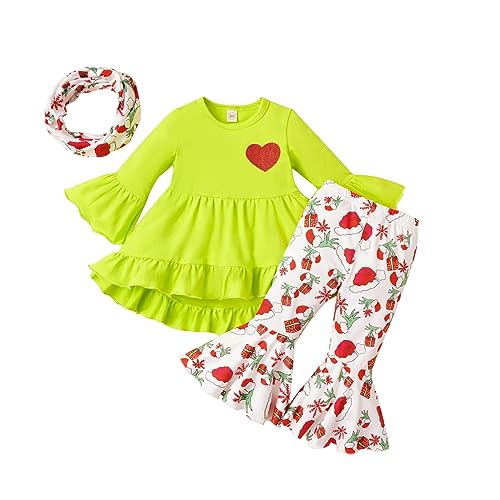 Noubeau Toddler Baby Girls Halloween Outfits Letter Print Flare Sleeve Dress Shirt Cute Pumpkin Bell-Bottoms Pants Scarf (Green, 12-18 Months)