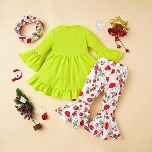 Noubeau Toddler Baby Girls Halloween Outfits Letter Print Flare Sleeve Dress Shirt Cute Pumpkin Bell-Bottoms Pants Scarf (Green, 12-18 Months)