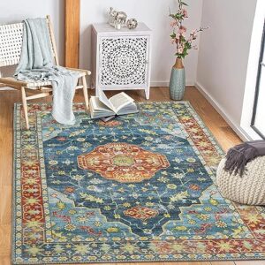 glowsol vintage machine washable area rug 5x7 boho low-pile indoor floral print carpet non slip printed washable boho rug for living room bedroom dinning room