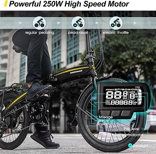 HH HILAND ROCKSHARK 20 inch Folding Electric Bike for Adults Teens with 250W Motor, 36V 7.8AH Removable Battery,Front Light &Shimano 7-Speed Electric Bicycles,Blue/Black Urban Ebike.