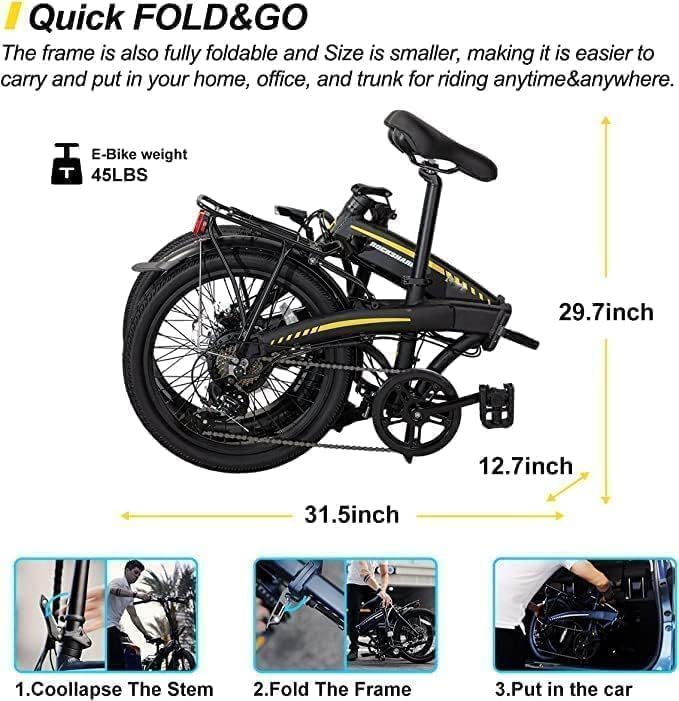 HH HILAND ROCKSHARK 20 inch Folding Electric Bike for Adults Teens with 250W Motor, 36V 7.8AH Removable Battery,Front Light &Shimano 7-Speed Electric Bicycles,Blue/Black Urban Ebike.