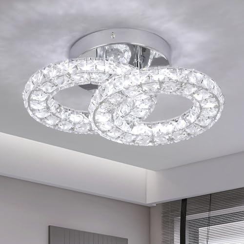 Kadomm Crystal LED Chandelier 2 Ring Light Fixture Flush Mount Pendant Light for Bedroom Modern LED Ceiling Light for Living Room Hallyway Ceiling Lamp (3-Color Light)