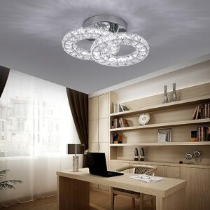 Kadomm Crystal LED Chandelier 2 Ring Light Fixture Flush Mount Pendant Light for Bedroom Modern LED Ceiling Light for Living Room Hallyway Ceiling Lamp (3-Color Light)