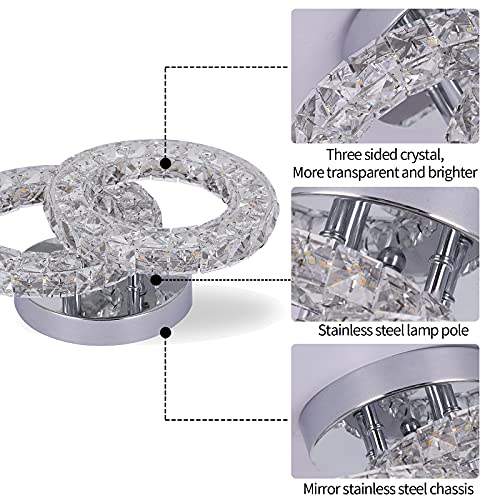 Kadomm Crystal LED Chandelier 2 Ring Light Fixture Flush Mount Pendant Light for Bedroom Modern LED Ceiling Light for Living Room Hallyway Ceiling Lamp (3-Color Light)