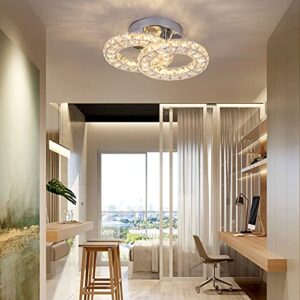 Kadomm Crystal LED Chandelier 2 Ring Light Fixture Flush Mount Pendant Light for Bedroom Modern LED Ceiling Light for Living Room Hallyway Ceiling Lamp (3-Color Light)