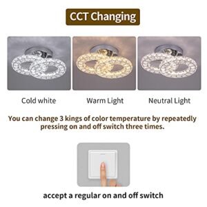 Kadomm Crystal LED Chandelier 2 Ring Light Fixture Flush Mount Pendant Light for Bedroom Modern LED Ceiling Light for Living Room Hallyway Ceiling Lamp (3-Color Light)