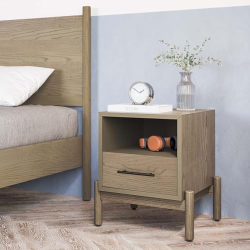 Bme Lyra Solid Wood Nightstand/Side Table/End Table - Easy Assembly - with 2 Drawers Storage for Mid Century Modern Living Room and Bedroom, Oak Light Grey