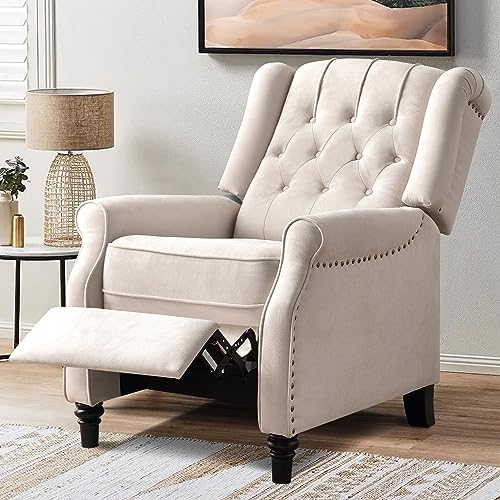 Bonzy Home Push Back Recliner Chair, Mid Century Modern Wingback Chair, Comfy Armchair Fabric Living Room Chairs with Rivet Decoration, Button-Tufted Back, Solid Wood Legs, Beige