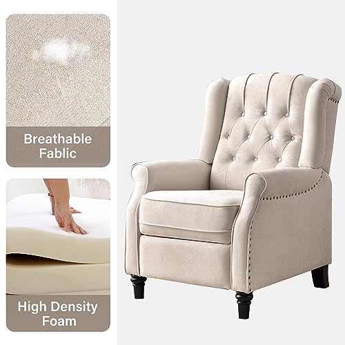 Bonzy Home Push Back Recliner Chair, Mid Century Modern Wingback Chair, Comfy Armchair Fabric Living Room Chairs with Rivet Decoration, Button-Tufted Back, Solid Wood Legs, Beige