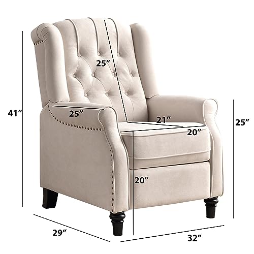 Bonzy Home Push Back Recliner Chair, Mid Century Modern Wingback Chair, Comfy Armchair Fabric Living Room Chairs with Rivet Decoration, Button-Tufted Back, Solid Wood Legs, Beige