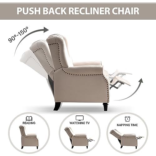 Bonzy Home Push Back Recliner Chair, Mid Century Modern Wingback Chair, Comfy Armchair Fabric Living Room Chairs with Rivet Decoration, Button-Tufted Back, Solid Wood Legs, Beige