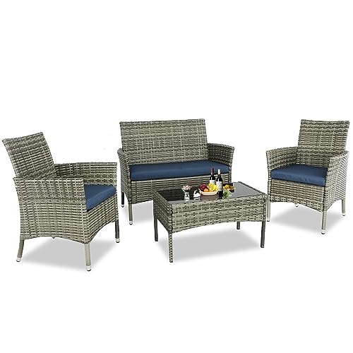 HTTH 4-Piece Outdoor Patio Furniture Sets Wicker Sofa with Cushions and Coffee Table Garden Lawn Pool Backyard Outdoor Sofa Sets (Grey-Deep Blue)