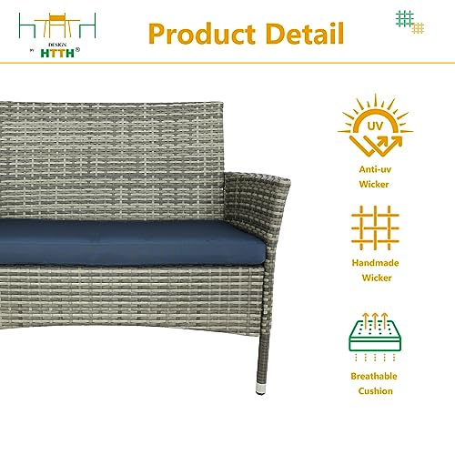 HTTH 4-Piece Outdoor Patio Furniture Sets Wicker Sofa with Cushions and Coffee Table Garden Lawn Pool Backyard Outdoor Sofa Sets (Grey-Deep Blue)