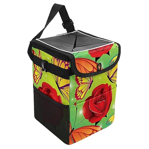 RODAILYCAY Trash Bag for Car, Foldable Vehicle Garbage Container Can with Lid Storage Bag, Red Rosy Flower Flying Blutterflies Kissing Leak-Proof Truck Trash Dustbin