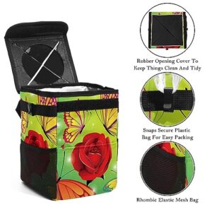 RODAILYCAY Trash Bag for Car, Foldable Vehicle Garbage Container Can with Lid Storage Bag, Red Rosy Flower Flying Blutterflies Kissing Leak-Proof Truck Trash Dustbin