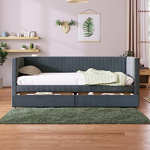 OPTOUGH Twin Size Corduroy Daybed with Two Drawers and Wood Slat,Sofa Bed Frame for Bedroom,Boys Girls,Gray