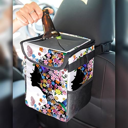 RODAILYCAY Car Trash Can with Storage Pockets, Leak-Proof Car Trash Bag Hanging, Trash Container Can for Cars Trucks Sedans Pink Kissing Girl Flowers Birds Butterflies