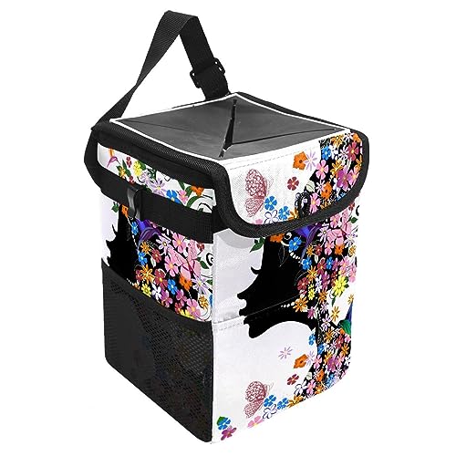 RODAILYCAY Car Trash Can with Storage Pockets, Leak-Proof Car Trash Bag Hanging, Trash Container Can for Cars Trucks Sedans Pink Kissing Girl Flowers Birds Butterflies