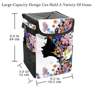 RODAILYCAY Car Trash Can with Storage Pockets, Leak-Proof Car Trash Bag Hanging, Trash Container Can for Cars Trucks Sedans Pink Kissing Girl Flowers Birds Butterflies