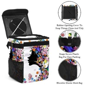 RODAILYCAY Car Trash Can with Storage Pockets, Leak-Proof Car Trash Bag Hanging, Trash Container Can for Cars Trucks Sedans Pink Kissing Girl Flowers Birds Butterflies