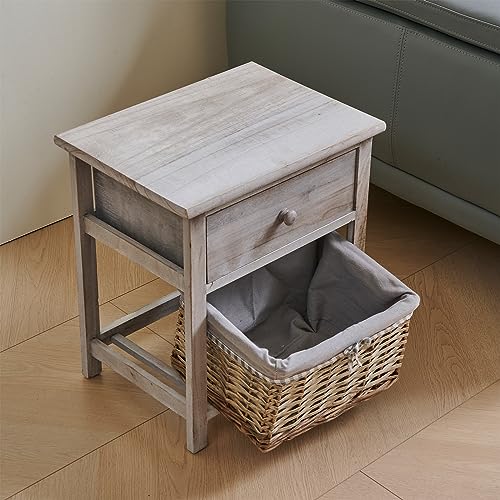 Modern End Table, Home Bedside Table with Storage Cabinet and Fabric Storage Basket, Wooden Farmhouse Nightstand with Drawer for Bedroom, Living Room, Office