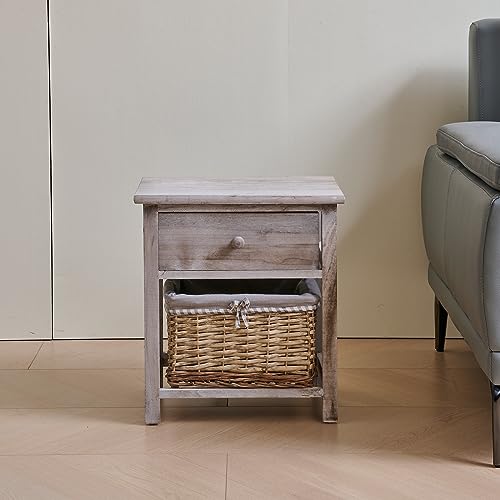 Modern End Table, Home Bedside Table with Storage Cabinet and Fabric Storage Basket, Wooden Farmhouse Nightstand with Drawer for Bedroom, Living Room, Office