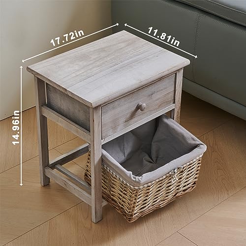 Modern End Table, Home Bedside Table with Storage Cabinet and Fabric Storage Basket, Wooden Farmhouse Nightstand with Drawer for Bedroom, Living Room, Office