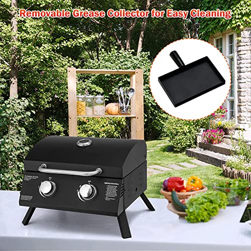 Grill Portable Gas Grill, Small Foldable Tabletop Propane BBQ Griddle w/Grease Tray, Thermometer, 20,000 BTU / 243 Sq.in Cooking Area, 2 Burner Gas Grill for Outdoor Camping, Tailgating, Picnic