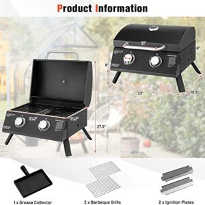 Grill Portable Gas Grill, Small Foldable Tabletop Propane BBQ Griddle w/Grease Tray, Thermometer, 20,000 BTU / 243 Sq.in Cooking Area, 2 Burner Gas Grill for Outdoor Camping, Tailgating, Picnic